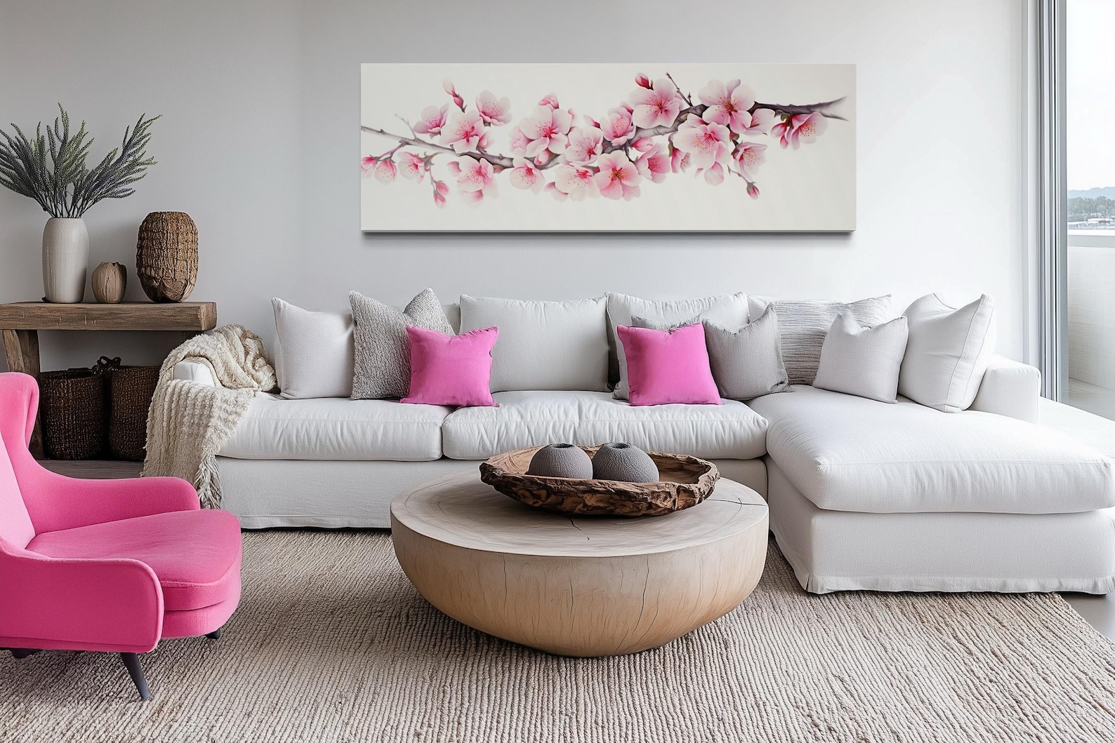 Over Bed Wall Art, Cherry Blossom Watercolor Painting Long Horizontal ...