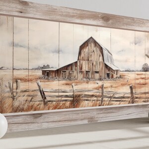 Farmhouse Wall Art, Old Farm Barn Painting on Wood Canvas PRINT, Retro ...
