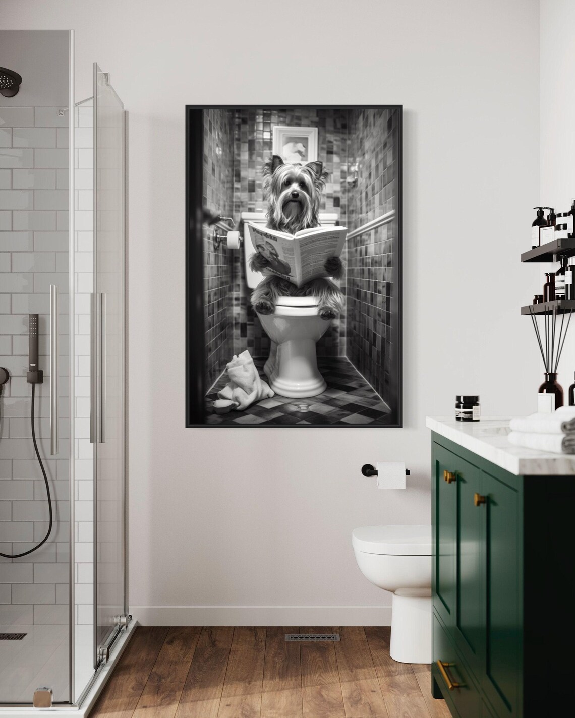 Yorkie on the Toilet Reading Newspaper, Funny Bathroom Art, Toilet ...
