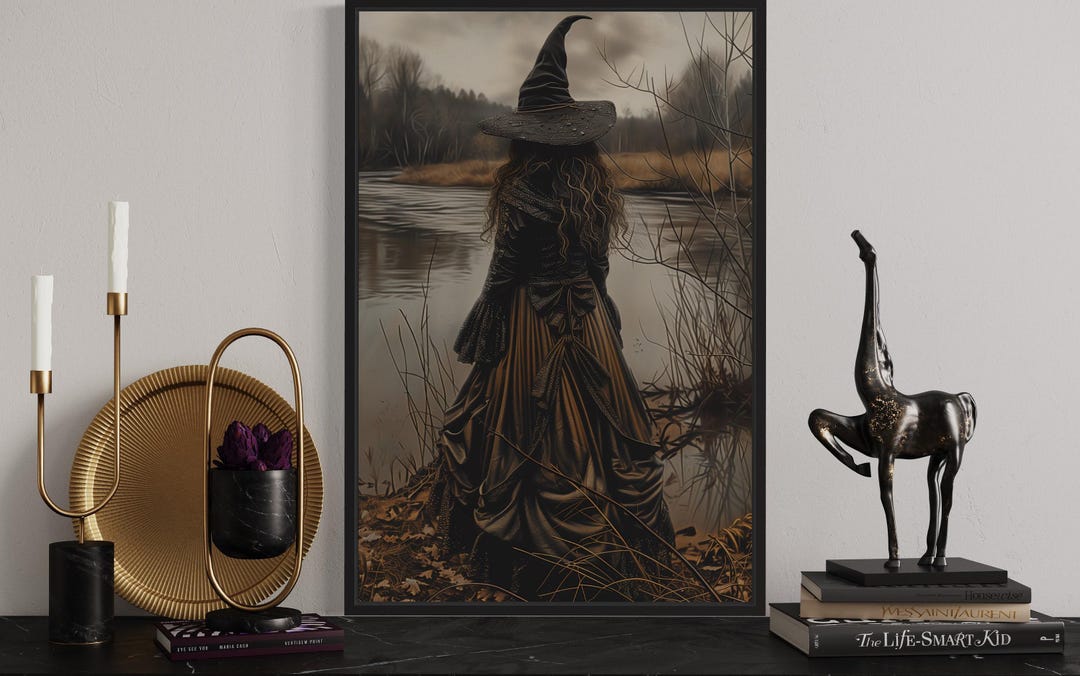 Halloween Wall Art Salem Witch at the Lake Painting Canvas PRINT, Moody ...