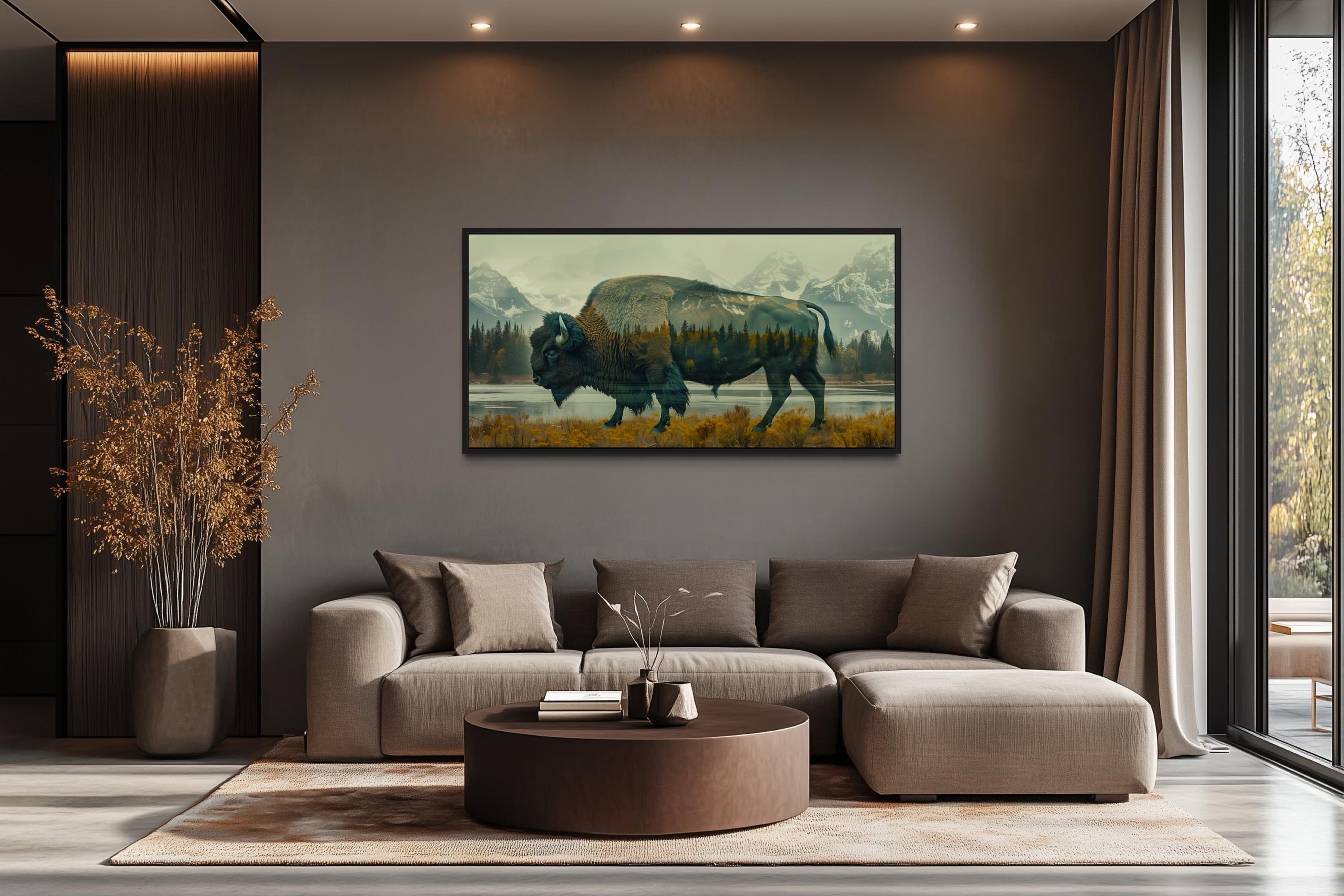 American Bison and Mountain Grasslands Landscape Double Exposure Wall ...