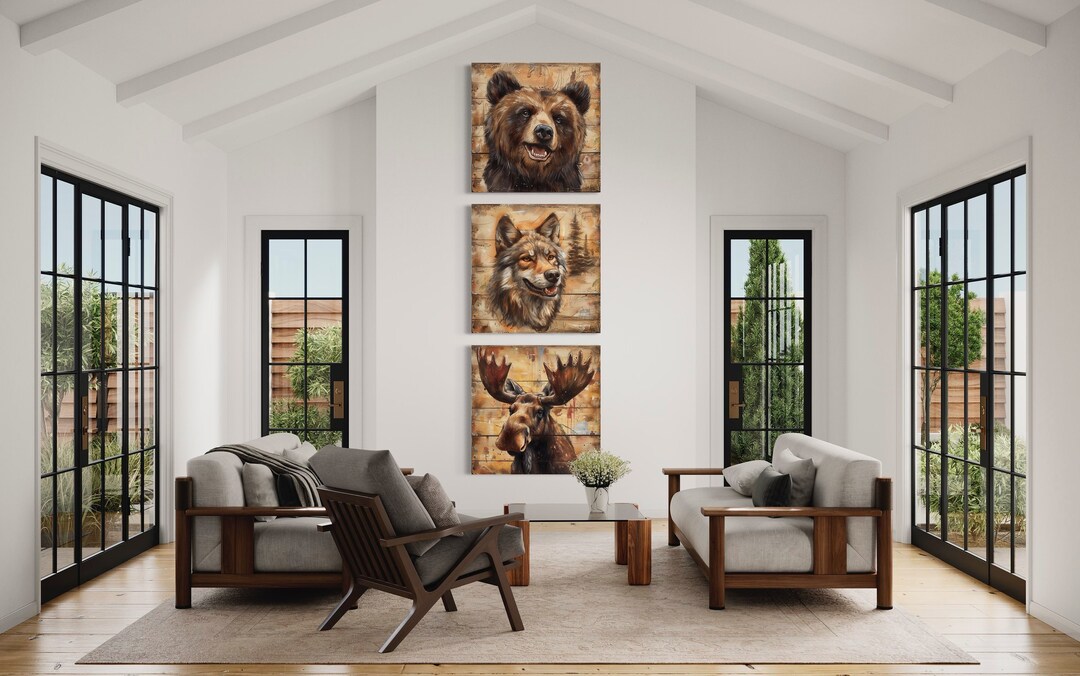 Wildlife Wall Art, Cabin Decor Set of 3 Paintings Moose, Bear, Wolf ...