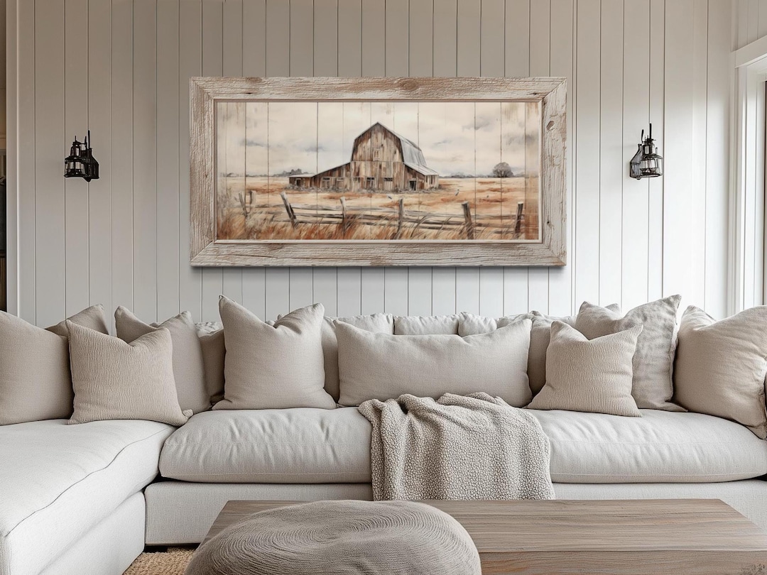 Farmhouse Wall Art, Old Farm Barn Painting on Wood Canvas PRINT, Retro ...