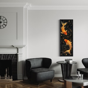 Tall Narrow Vertical Gold Fish on Black Painting Canvas PRINT, Slim ...