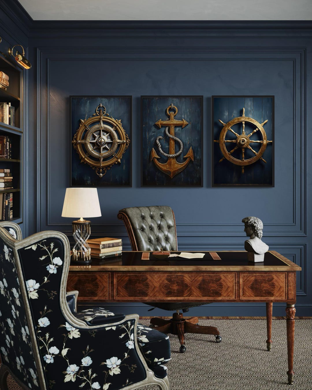 Nautical Wall Art Set of Three Maritime Prints - Navy Blue Gold Coastal ...