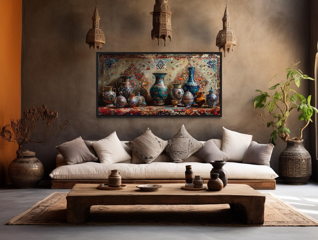 Middle Eastern Wall Art, West Asian Clay Pottery on the Carpet Painting ...