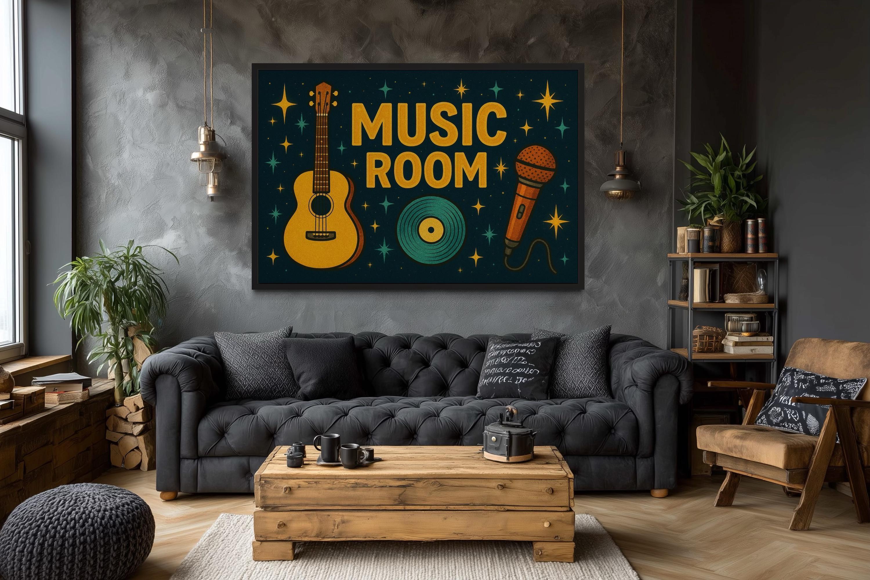 Music Room Sign Wall Art - Retro Guitar Microphone Record Painting ...