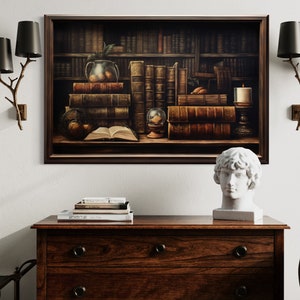 Vintage Book Shelf Library Painting Canvas Print Faux Frame Book Lover ...