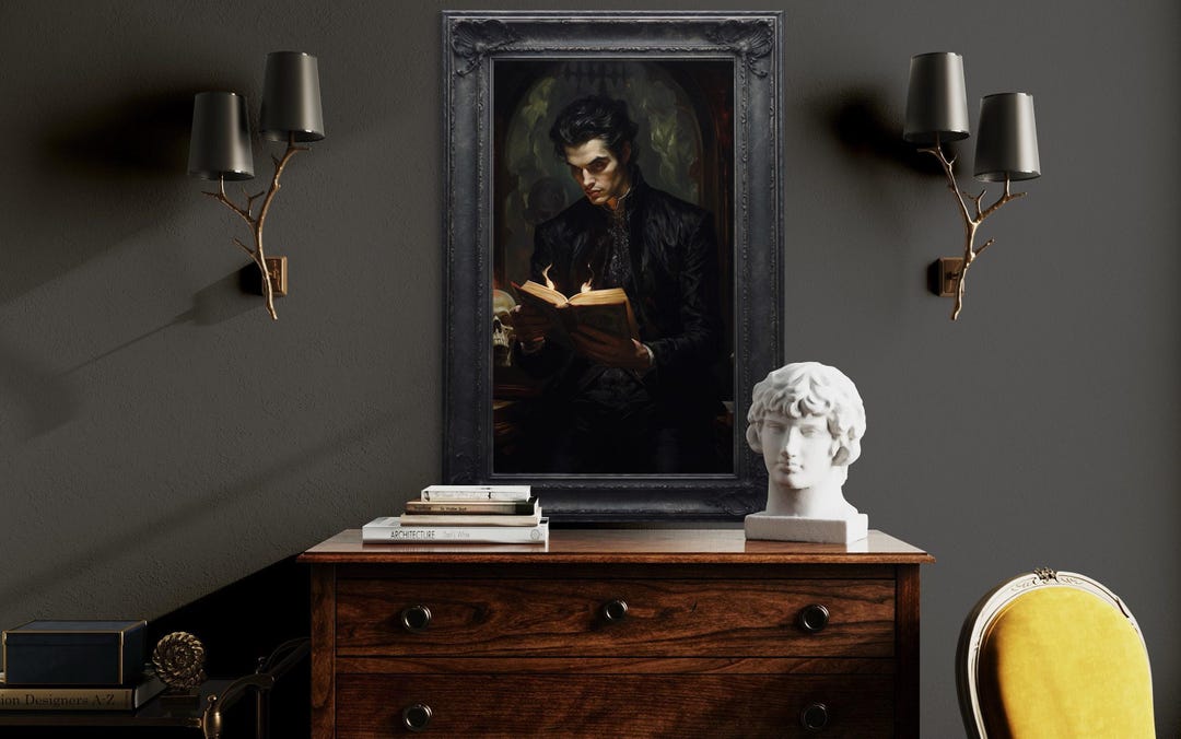 Vampire in Library Reading a Book Painting Canvas PRINT, Library Wall ...