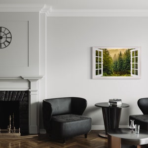 Fake Window Foggy Pine Trees Forest Wall Art, Sage Green Nature Window ...