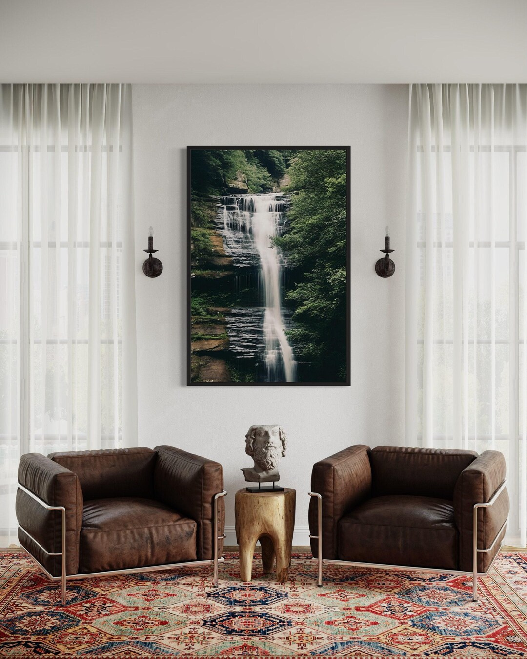 Waterfall Wall Art - Sage Green Forest Waterfall Nature Landscape ...