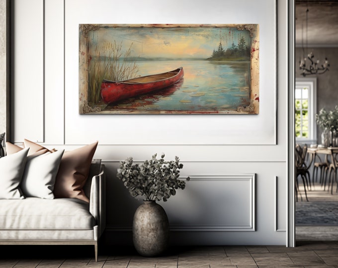 Art Print of Red Canoe and Paddle, 5 by 7 or 8 by 10 Inches, Frame ...