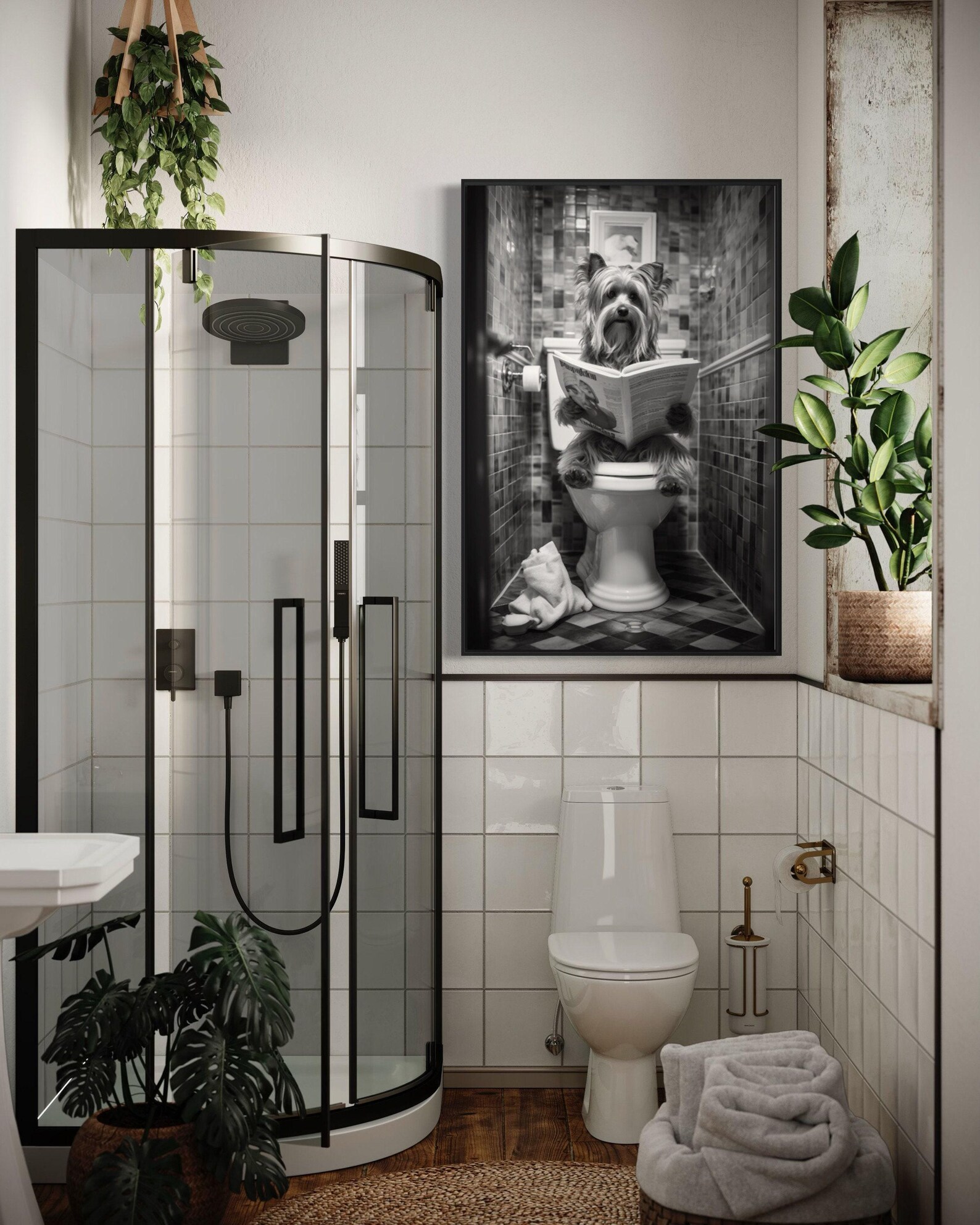 Yorkie on the Toilet Reading Newspaper, Funny Bathroom Art, Toilet ...