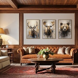 Set of 3 Wildlife Prints for Cabin Wall Decor - Bear, Moose and Elk ...