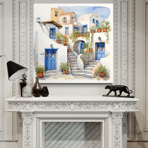 Greek Houses Wall Art, Santorini Greece Watercolor Painting Canvas ...
