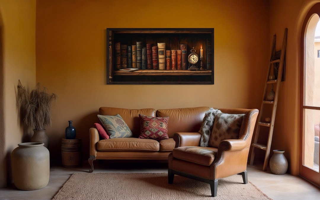 Library Wall Art, Antique Bookcase With Vintage Books Painting Canvas ...