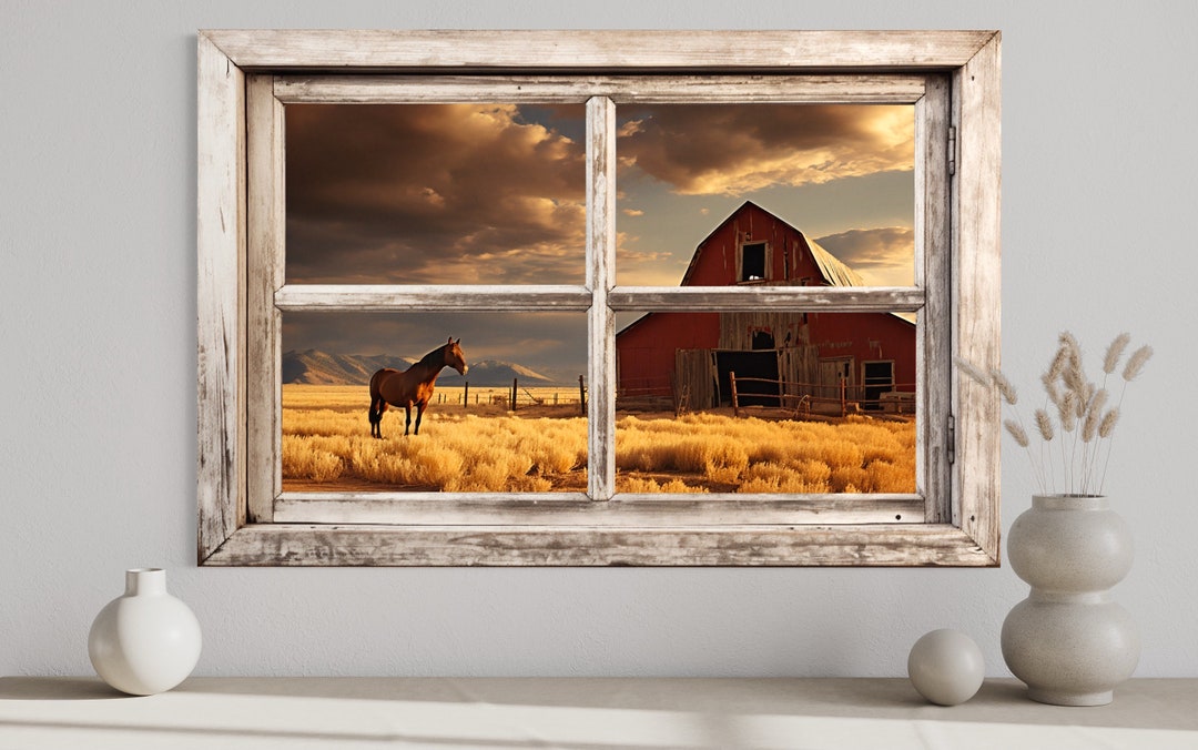 Window View Old Farm and Horse Painting Canvas Print - Fake Window ...