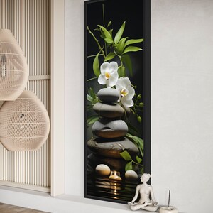 Tall Narrow Vertical Zen Wall Art, Stacked Rocks Candle Bamboo Painting ...