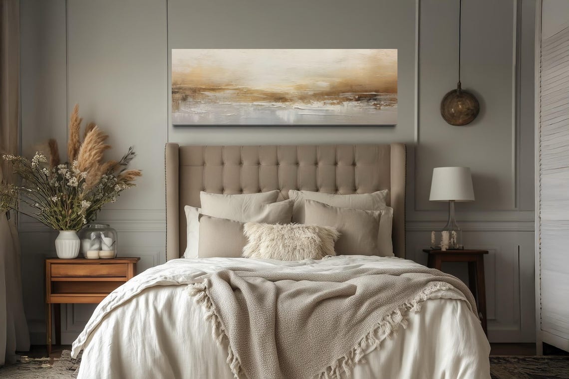 Over Bed Wall Art - White and Gold Abstract Painting Canvas PRINT, Long ...