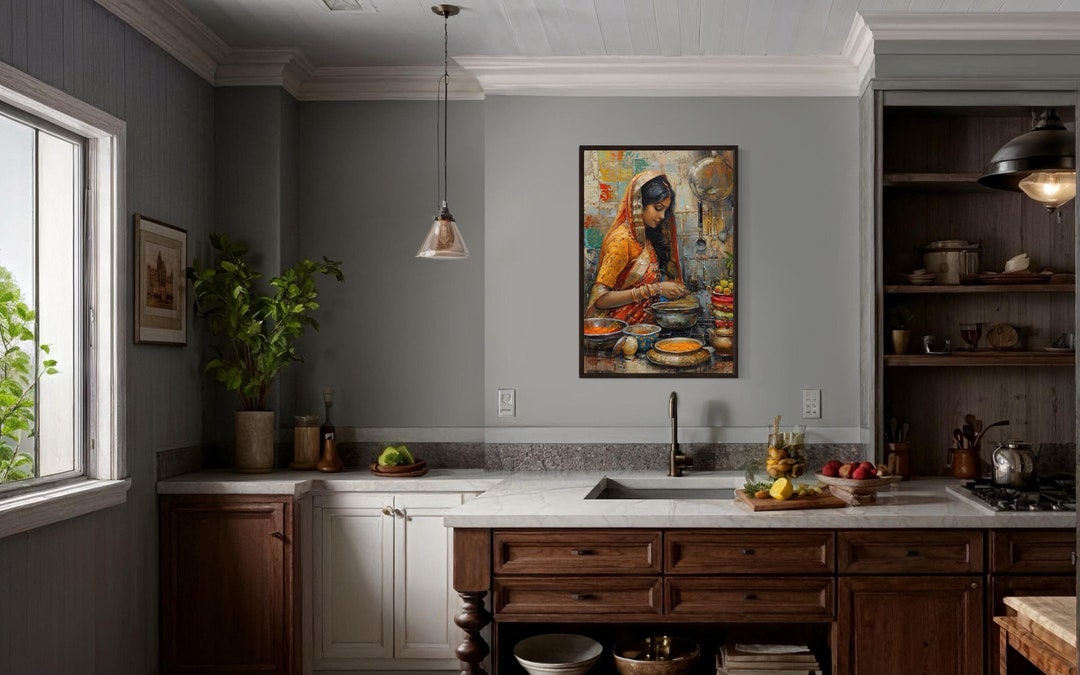 Indian Woman Cooking Painting Canvas PRINT, Traditional Indian Kitchen ...