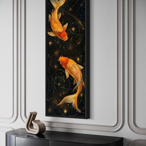 Tall Narrow Vertical Gold Fish on Black Painting Canvas PRINT, Slim ...