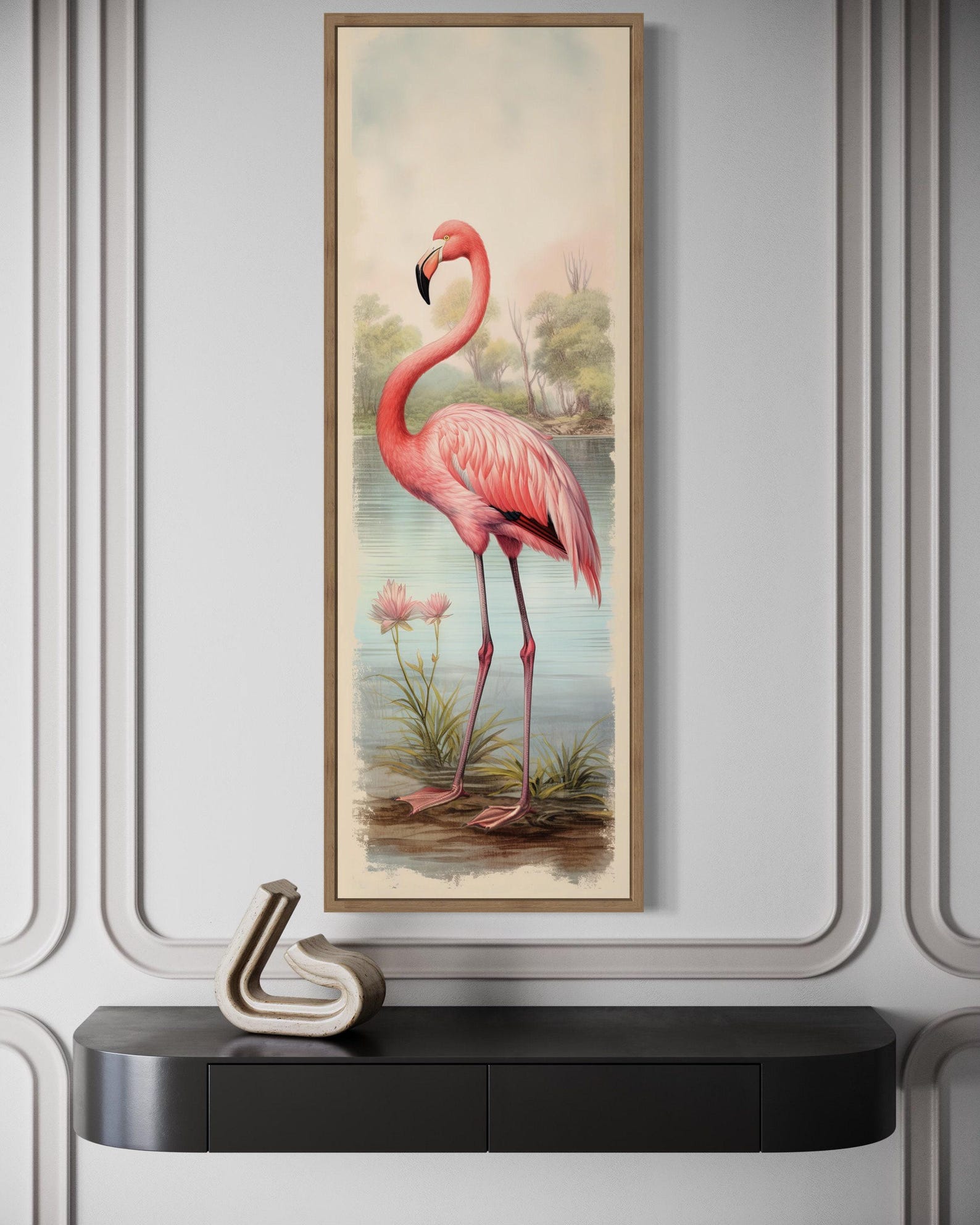 Tall Narrow Vertical Wall Art Flamingo at the Beach Painting Canvas ...
