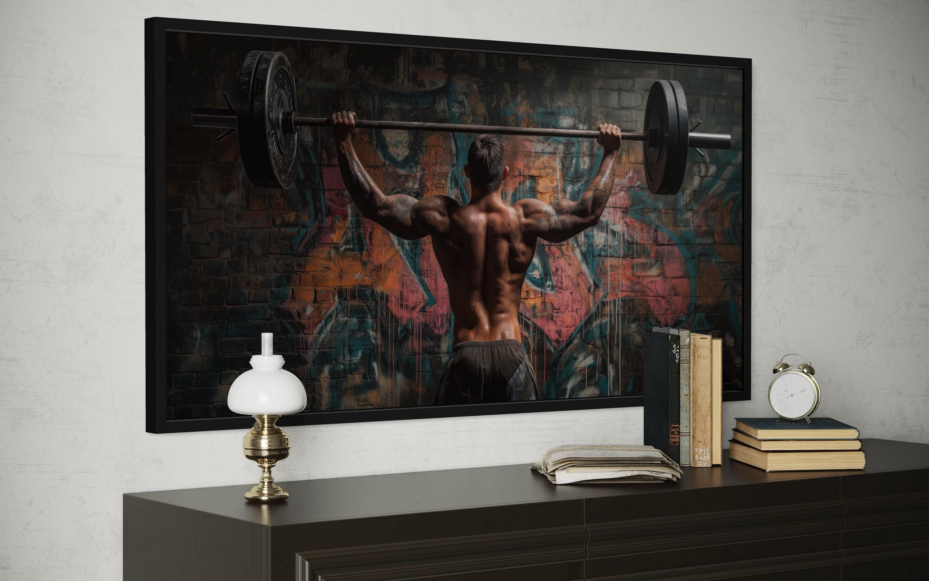 Strong Bodybuilder Man Lifting Barbell Graffiti Painting Canvas PRINT ...