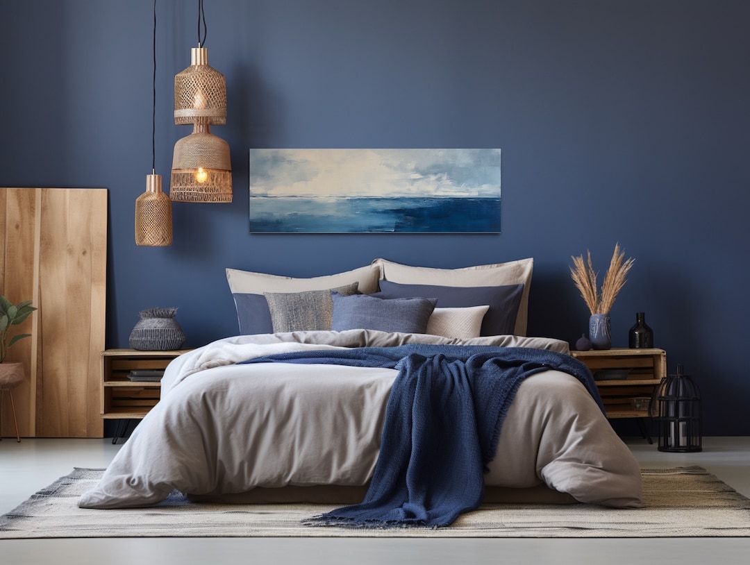 Over Bed Wall Art Minimalist Ocean Navy Blue Grey Panoramic Abstract ...