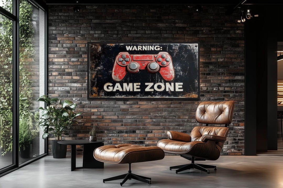Game Room Sign Wall Art - Warning Game Zone Sign With Red Graffiti Game ...