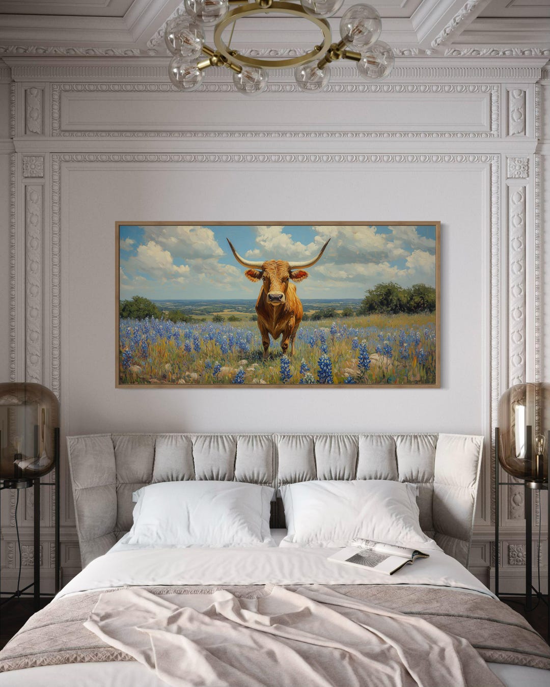 Texas Longhorn Cow Standing in Sunny Bluebonnets Field Wall Art ...
