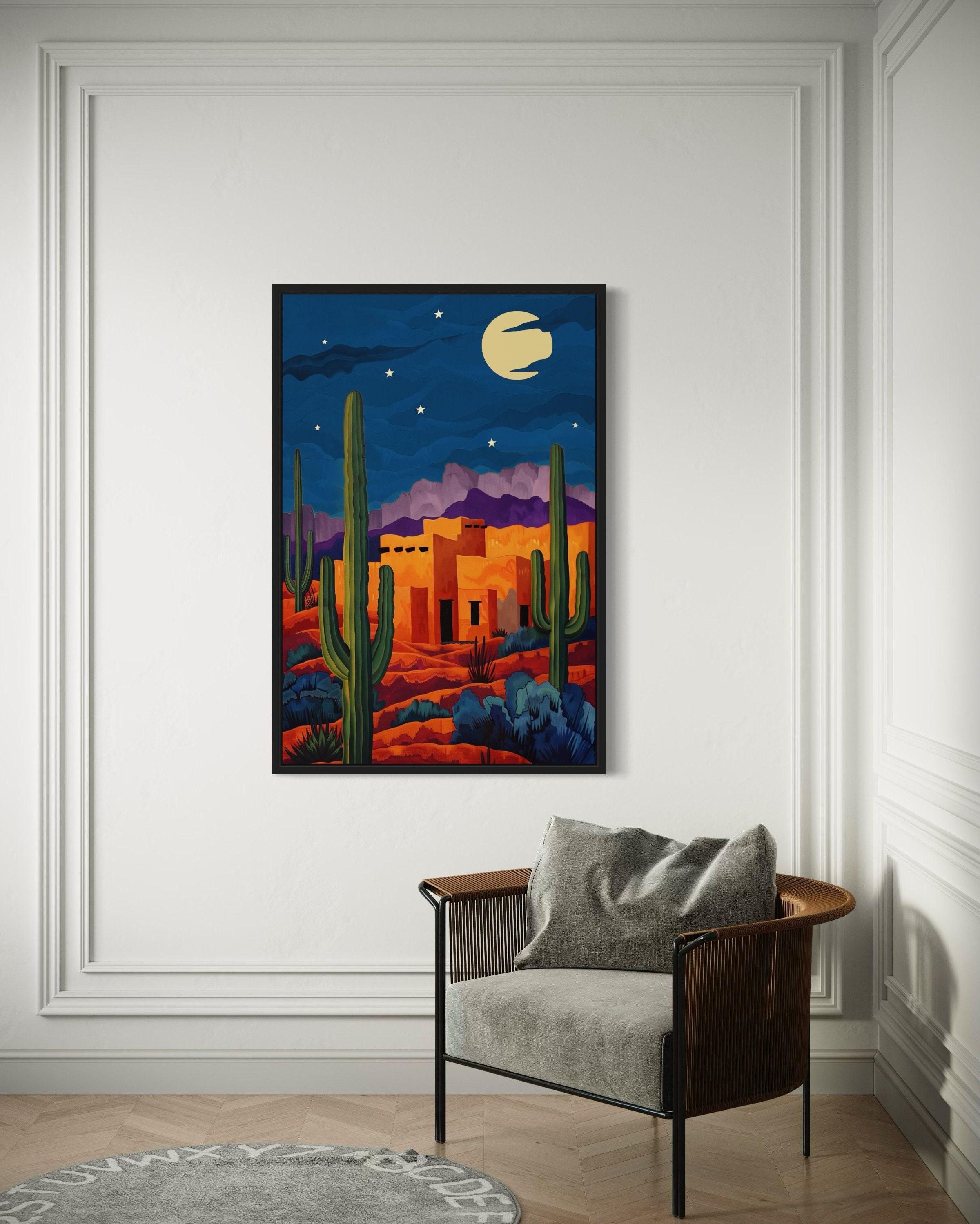 Mexican Desert Wall Art, Pueblo With Saguaro Cacti at Night Painting ...