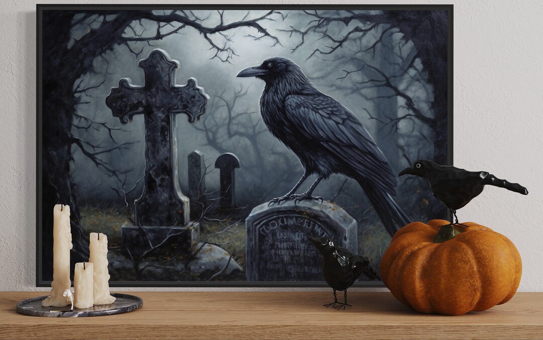 Gothic Wall Art Black Raven on Tomb Stone at Cemetery Painting Canvas ...