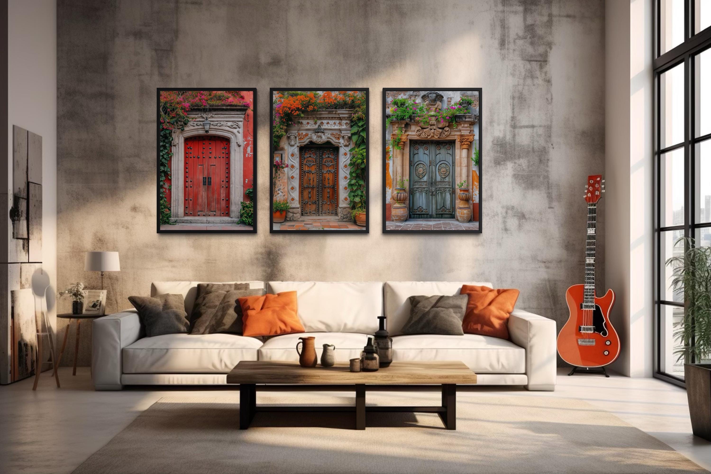 Set of Three Mexican Wall Art, Colorful Mexican Doors Painting Canvas ...