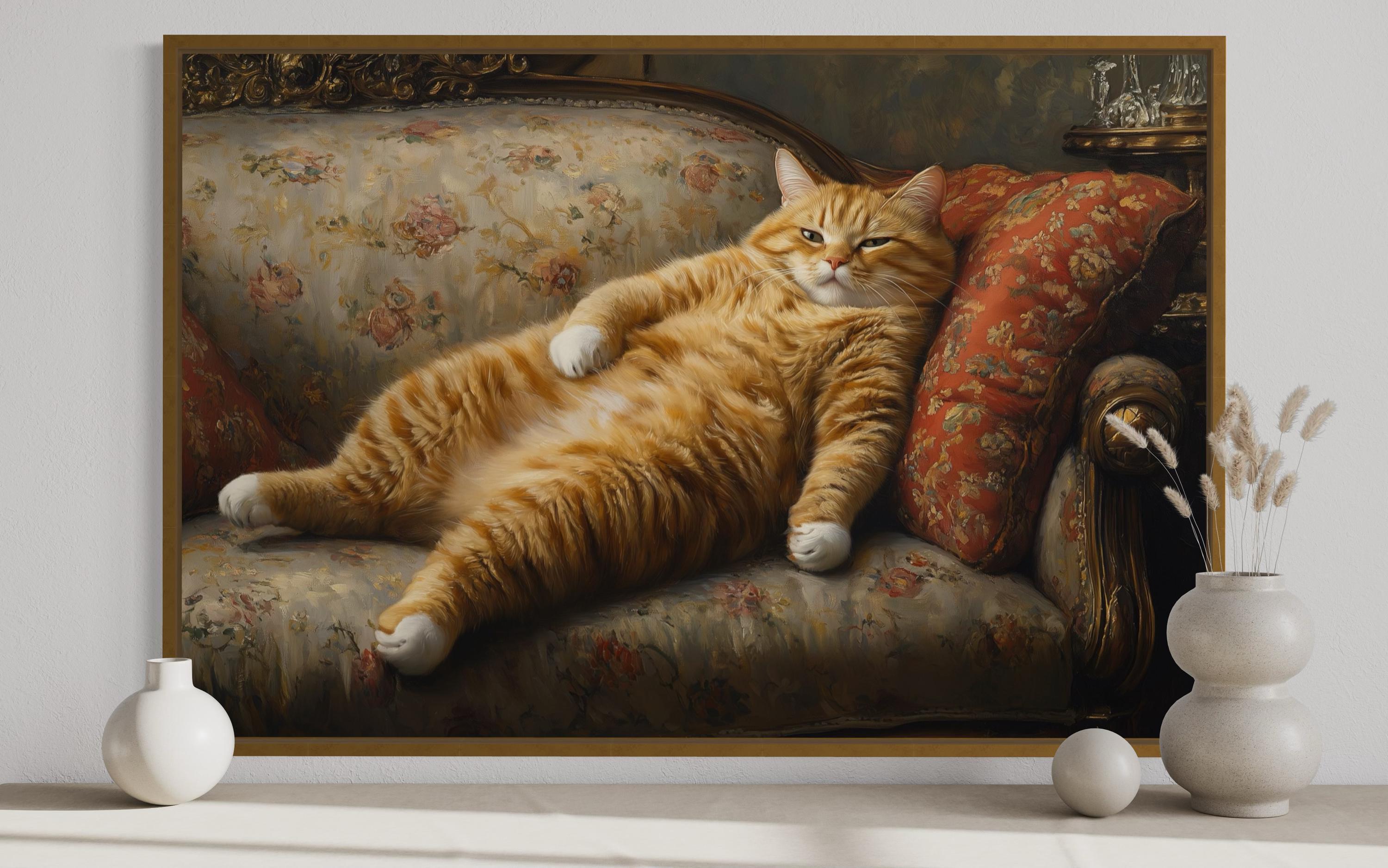 Giant Fat Cat Wall Art – Funny Chubby Orange Tabby Lounging on ...