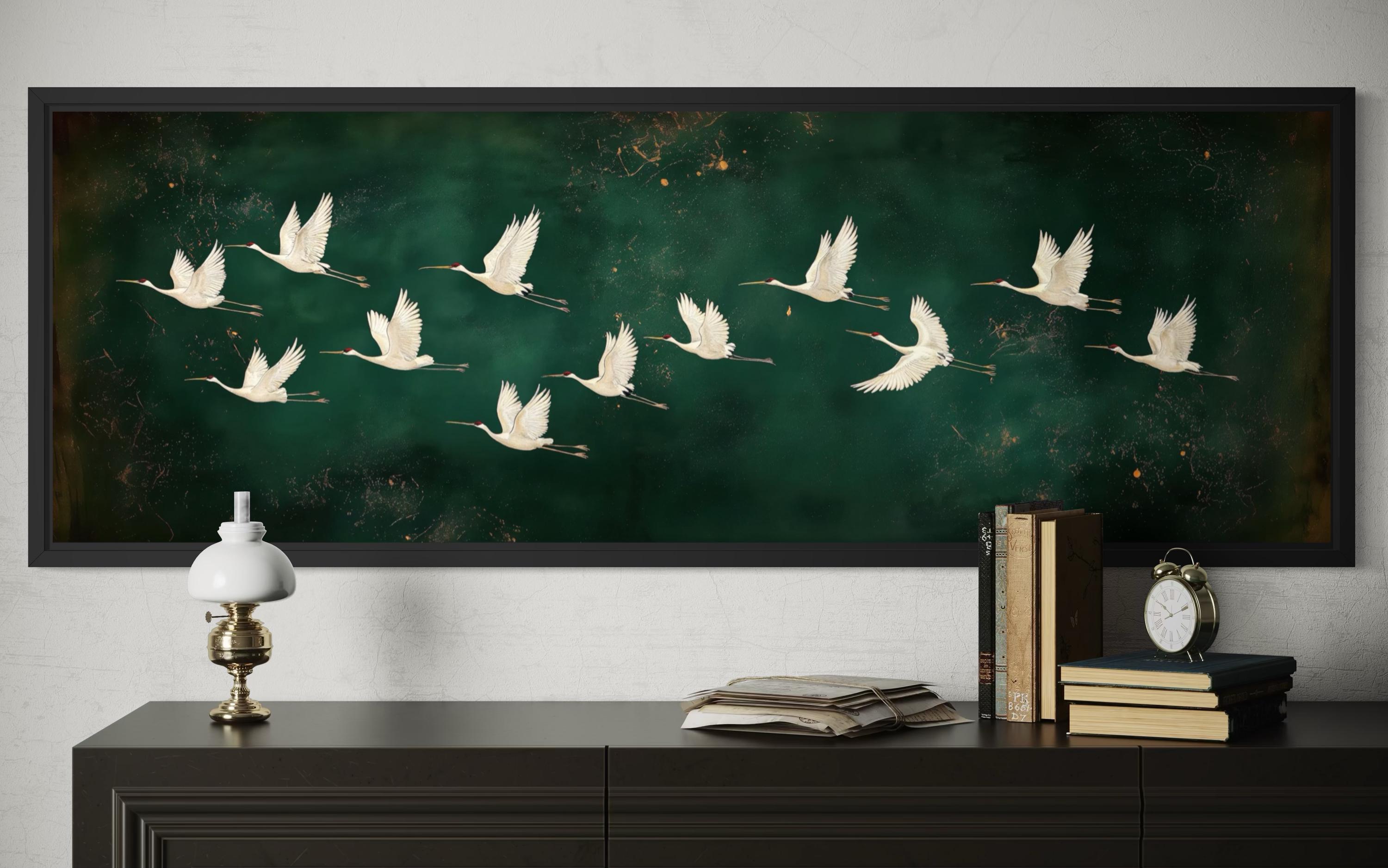 White Birds Flying Long Horizontal Emerald Green Canvas Print Modern ...
