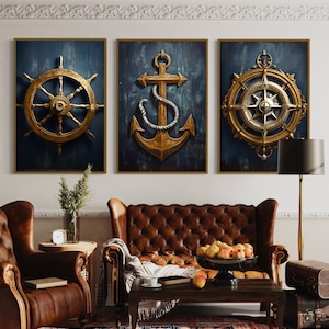 Nautical Wall Art Set of Three Maritime Prints - Navy Blue Gold Coastal ...