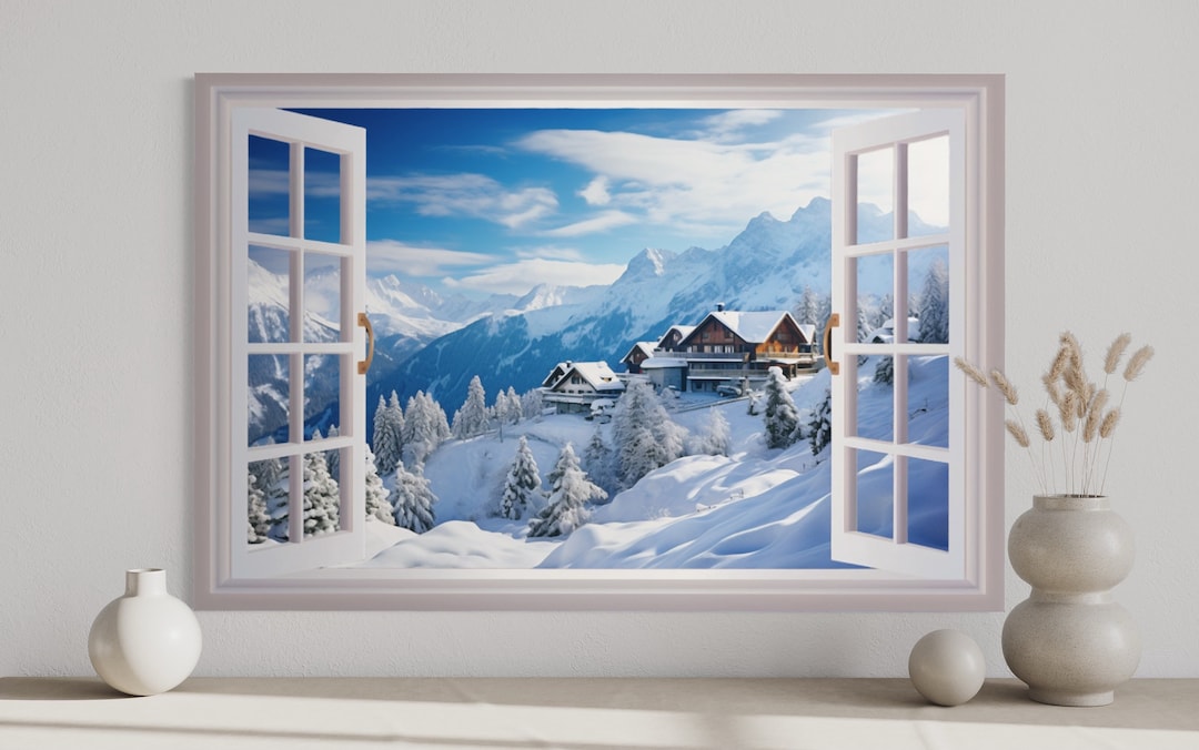 Window View Winter Scene Snowy Mountain Village Painting Canvas Print ...