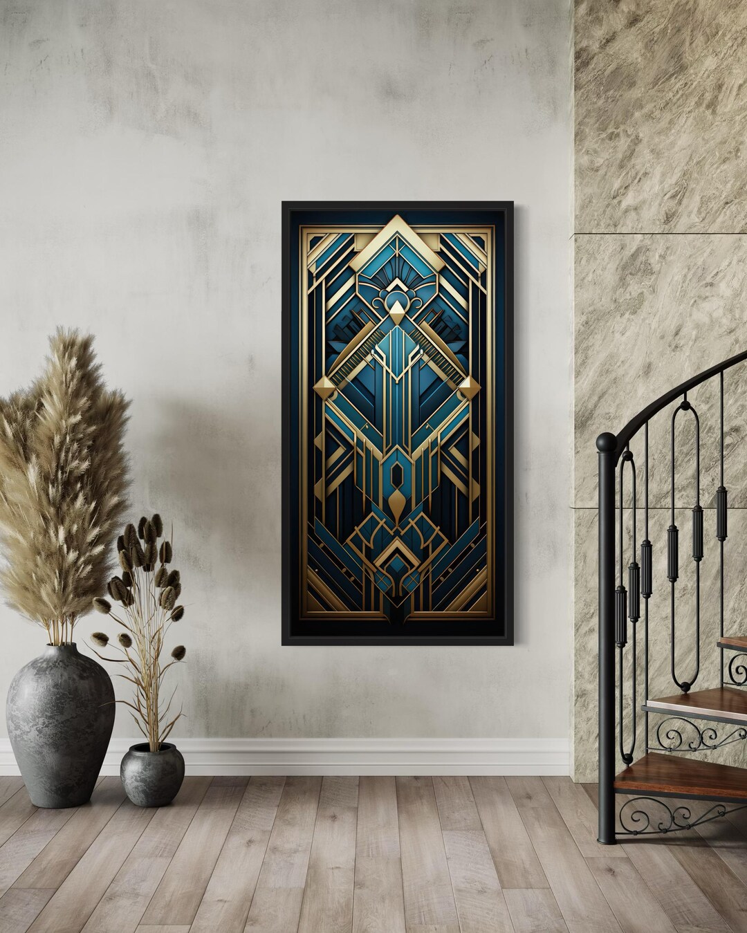 Art Deco Pattern Navy Blue Gold Long Vertical Aesthetics Wall Art ...