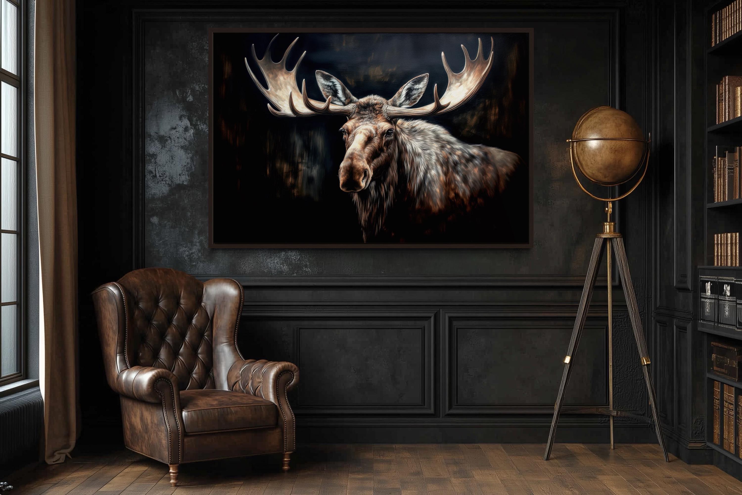 Dark Moose Wall Art, Woodland Animals \painting Canvas PRINT, Cabin ...