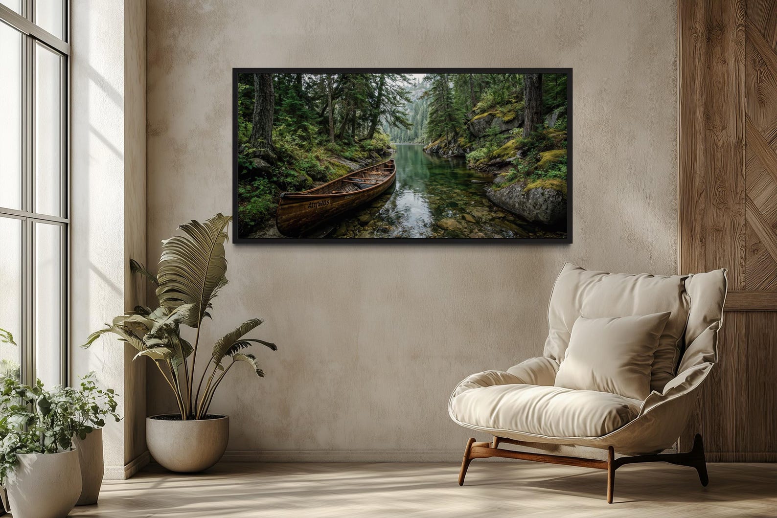Rustic Canoe in Forest River Wall Art, Cabin Nature Landscape Painting ...
