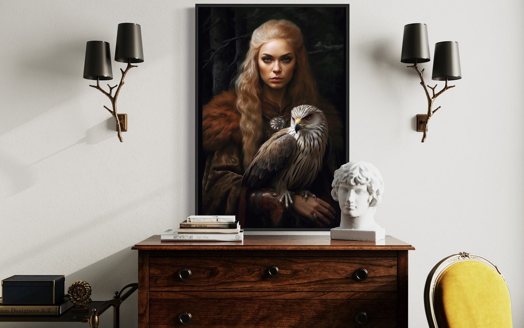 Freya Goddess Poster Painting Lady Freyja Portrait With Falcon Norse ...