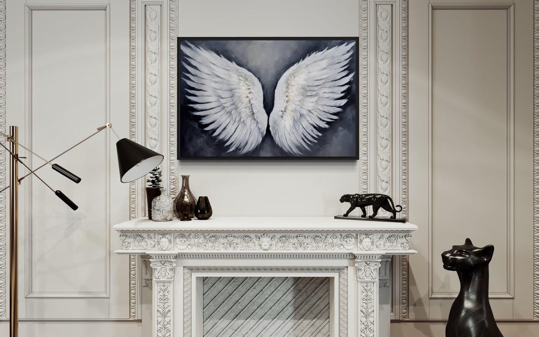 White Angel Wings on Grey Background Wall Art - Abstract Oil Painting ...