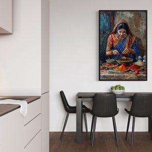 Indian Kitchen Wall Art - Indian Woman Cooking Painting Canvas PRINT ...