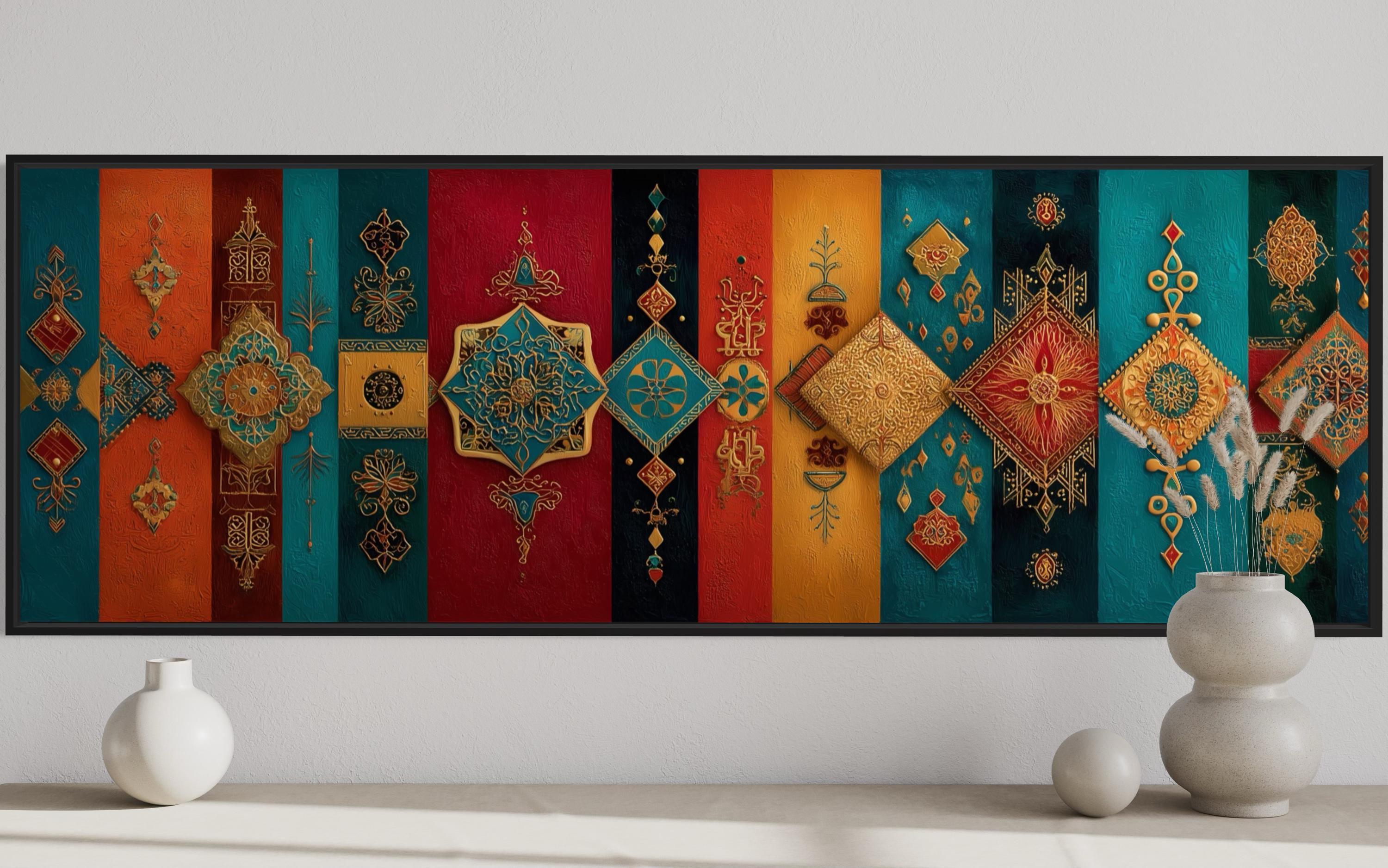 Boho Moroccan Wall Art, Long Horizontal Colorful Geometric Canvas Print ...