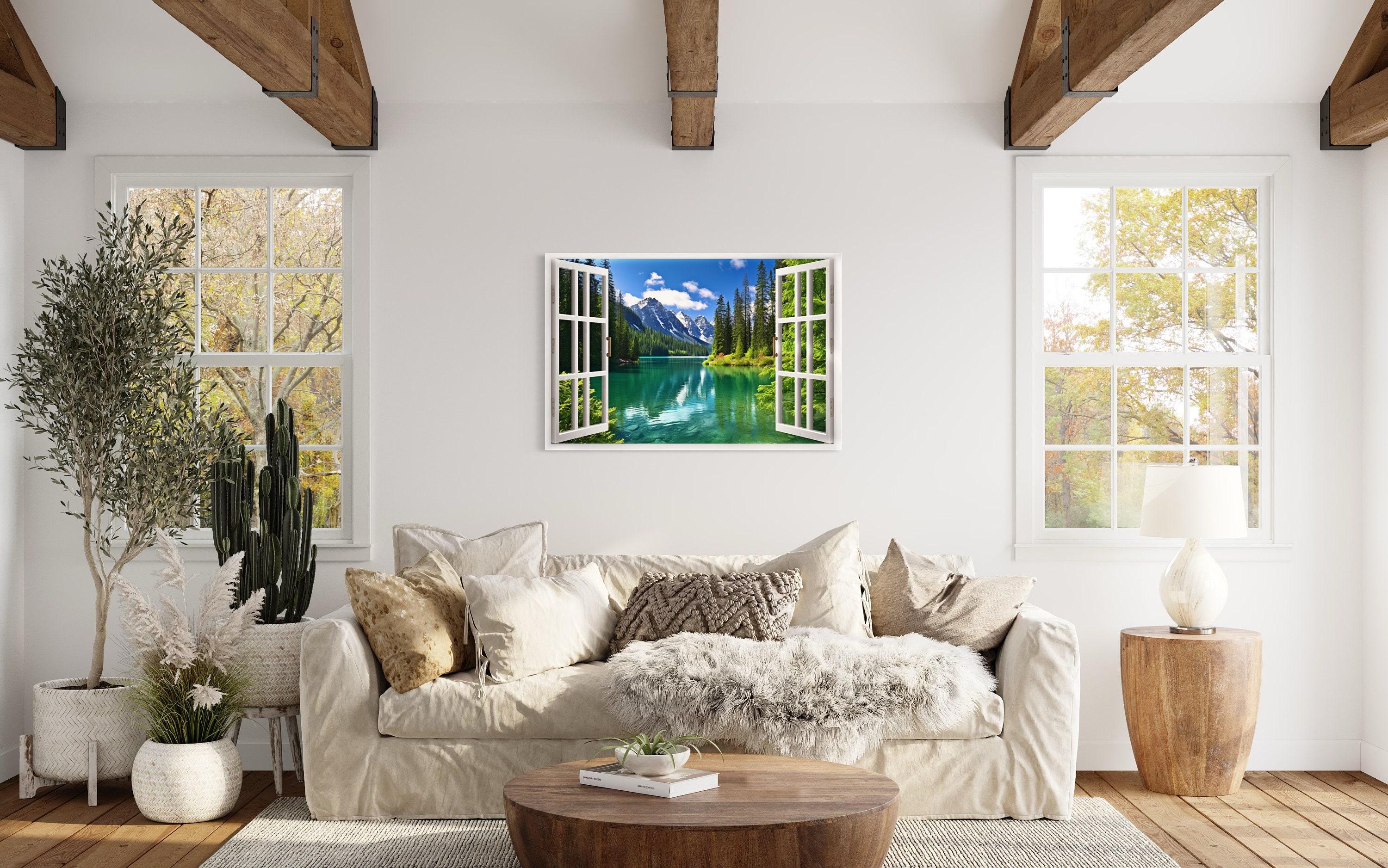 Window View Canvas - Lake and Mountains View From Open Window Painting ...