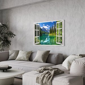 Window View Canvas - Lake and Mountains View From Open Window Painting ...