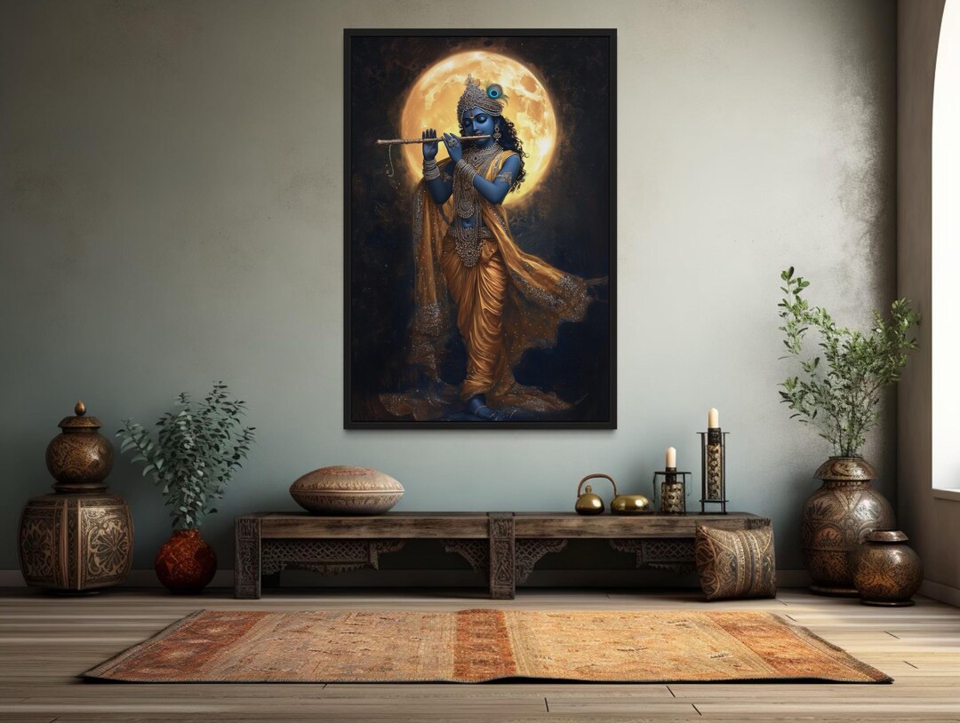 Meditative Krishna Canvas Wall Art – Spiritual Indian God Playing Flute ...