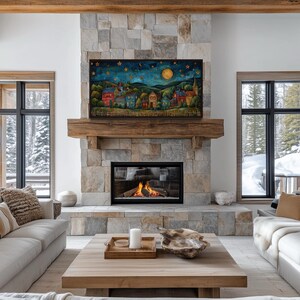 Above Mantel Wall Art, Pretty Rustic Village at Night Under Stars and ...