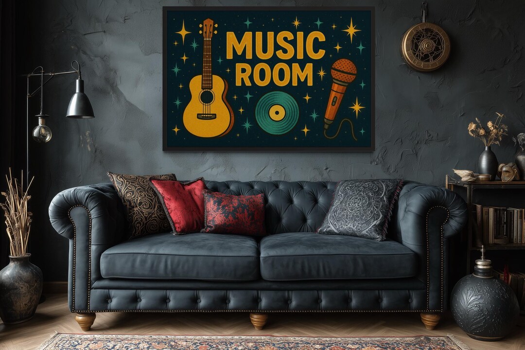 Music Room Sign Wall Art - Retro Guitar Microphone Record Painting ...