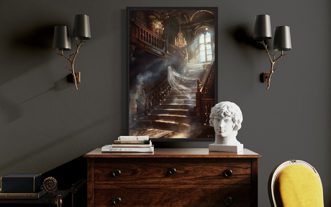 Halloween Wall Art, Ghost on Stairs in Haunted Mansion Gothic Painting ...